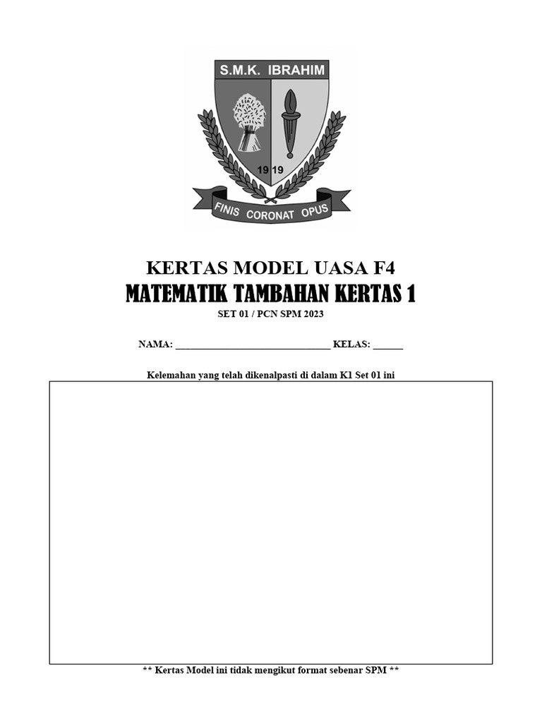 Kertas Model UASA F4 K1 Matematik Tambahan Set 01 | PDF