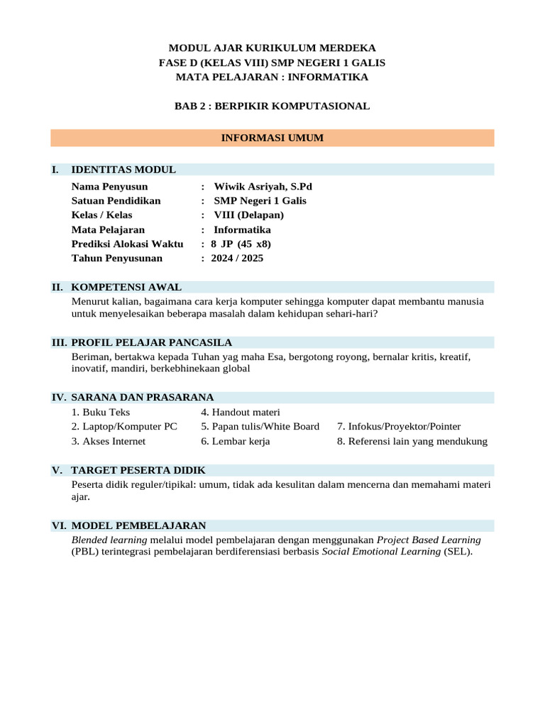 Modul Ajar Informatika - BERPIKIR KOMPUTASIONAL - Fase D | PDF