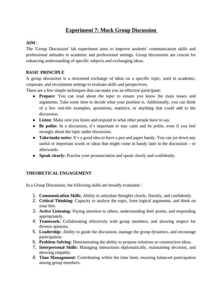 Experiment 7 - Mock Group Discussion | PDF | Thought | Communication