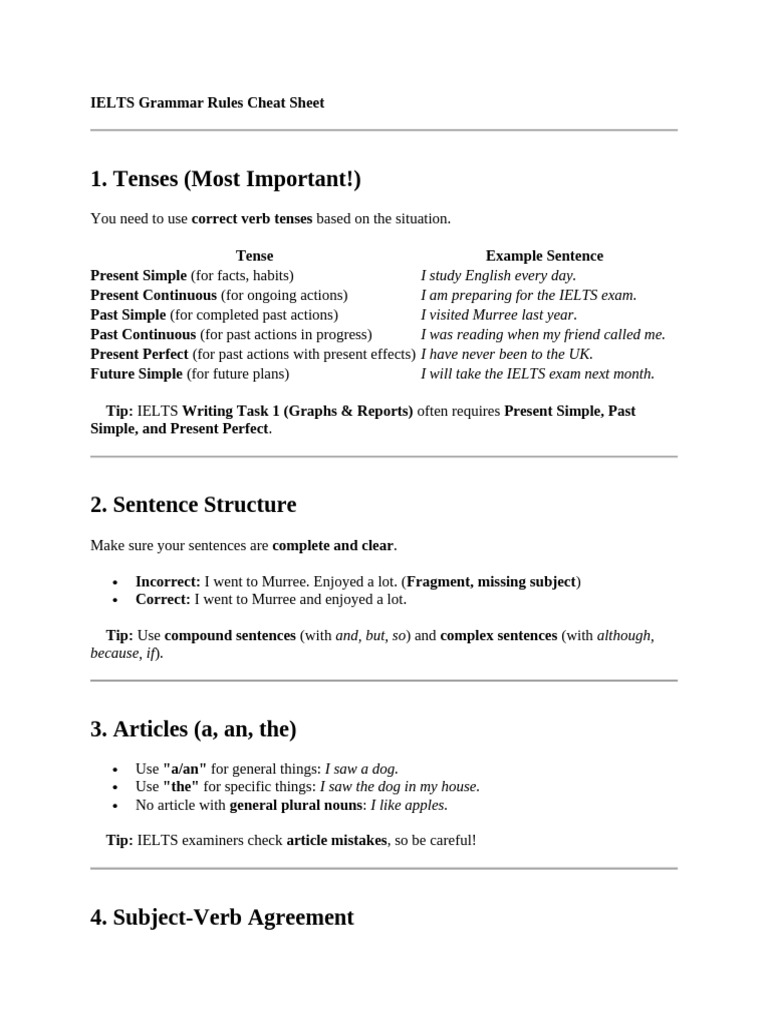 IELTS Grammar Rules Cheat Sheet | PDF | Grammatical Number | Verb