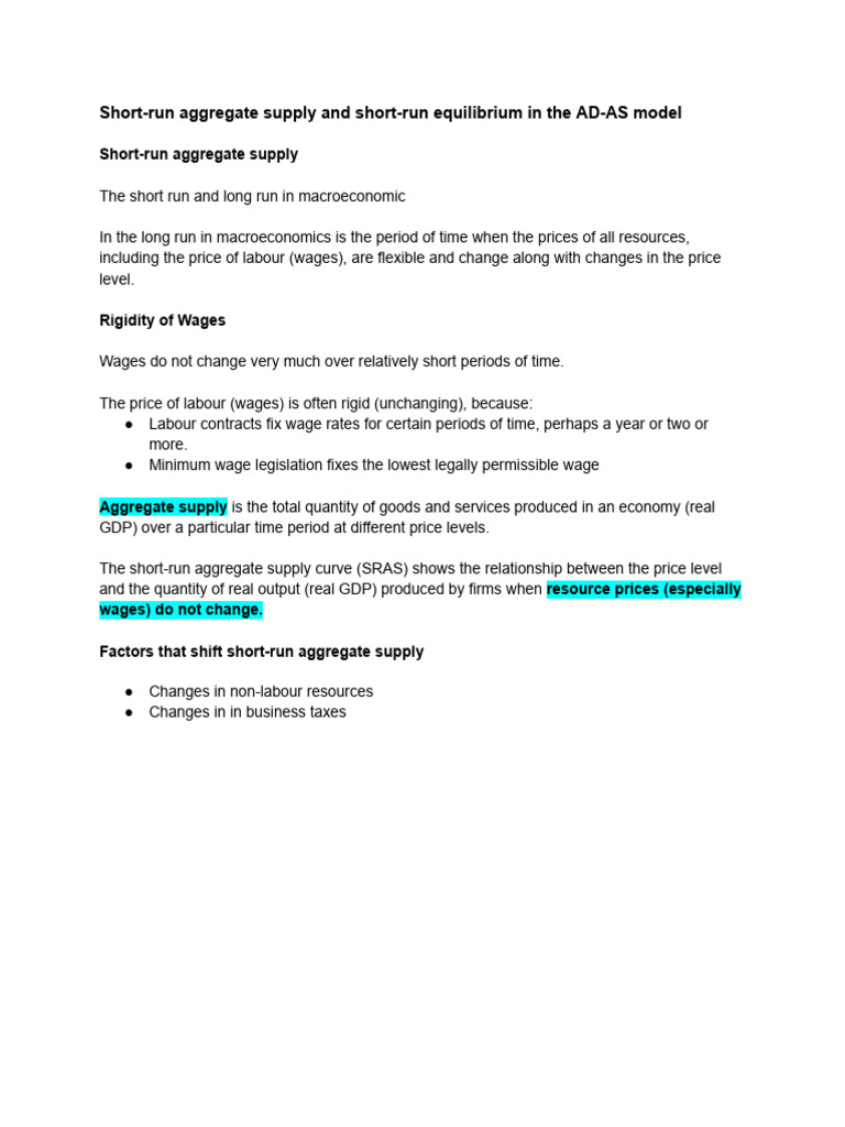 Short-run aggregate supply and short-run equilibrium in the AD-AS model ...