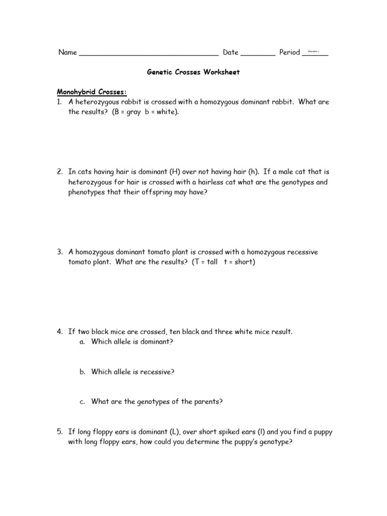Genetic Crosses Worksheet | PDF | Dominance (Genetics) | Genotype