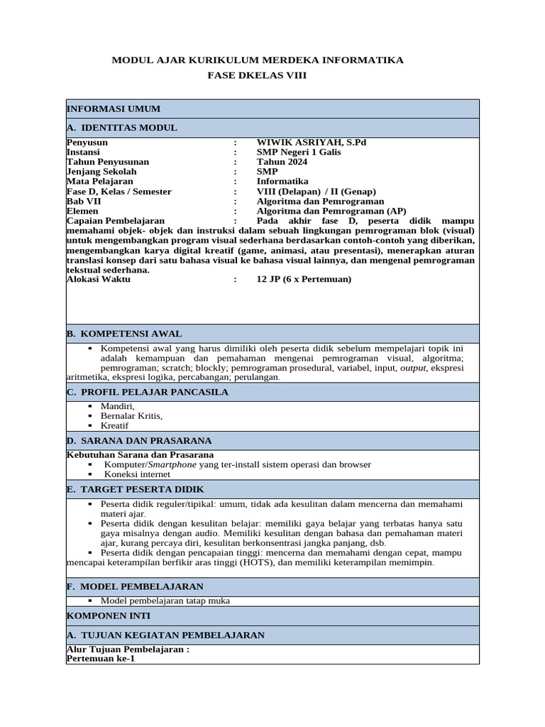 MODUL AJAR Bab 2 Algoritma Kelas 8 | PDF