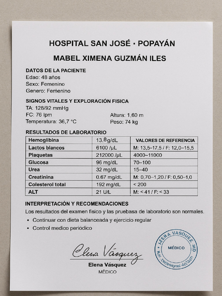 Examen Medico Mabel Ximena Guzman Iles | PDF