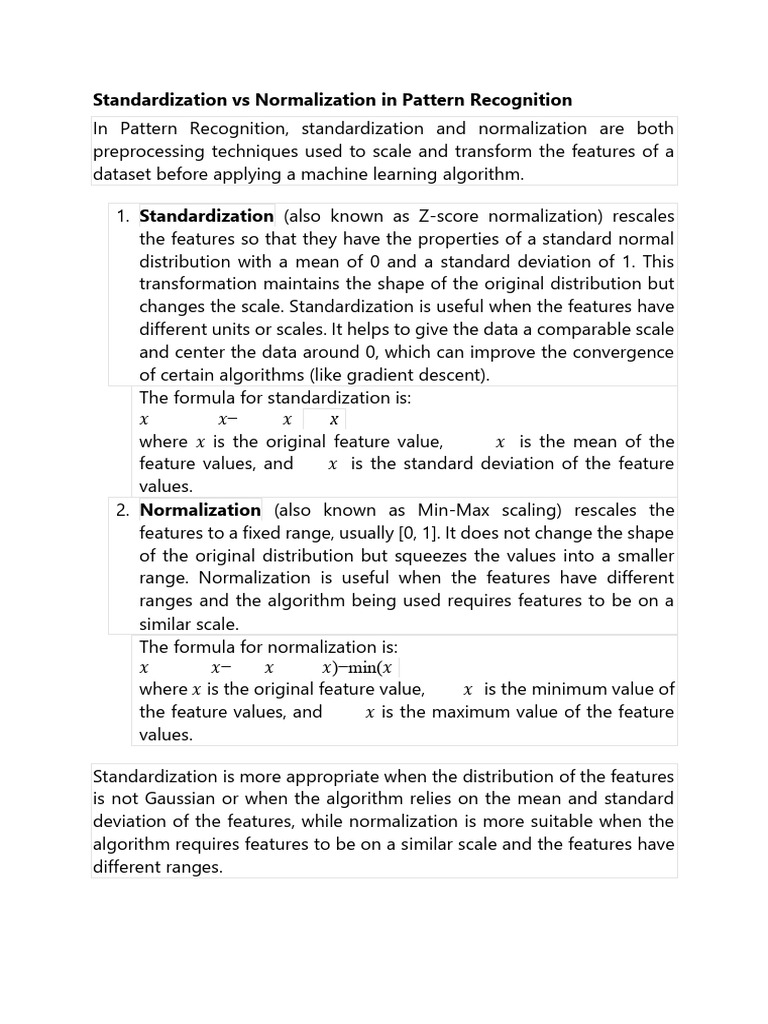 Standardization vs Normalization in Pattern Recognition | PDF
