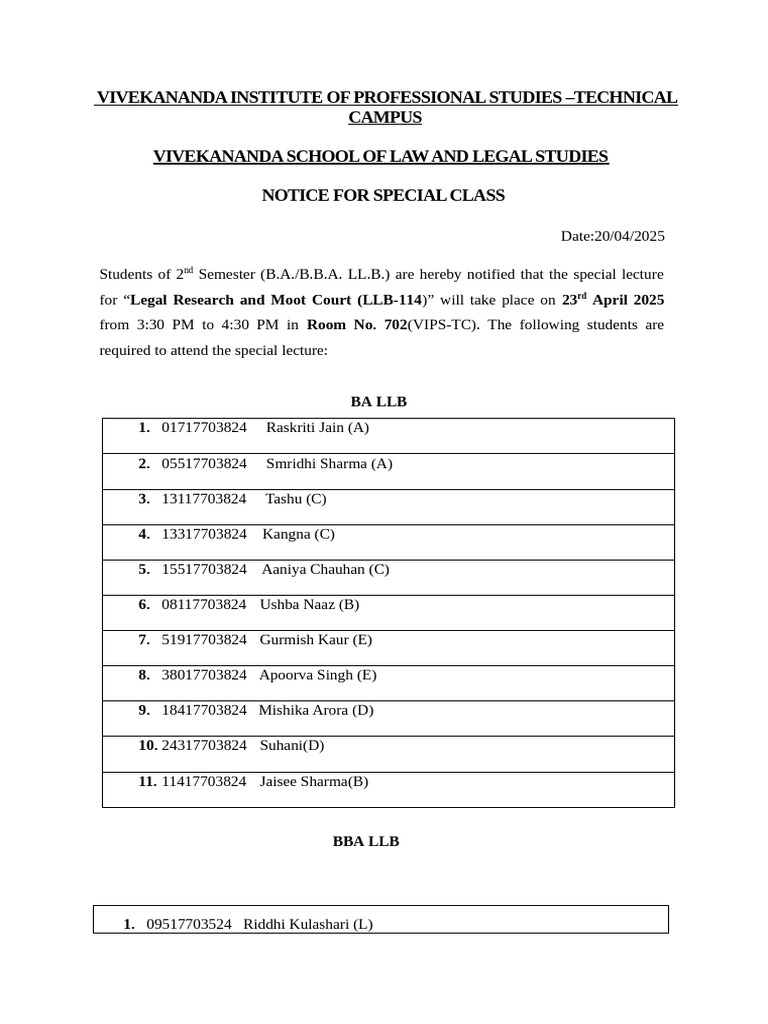 LRMC Notice For Special Class | PDF