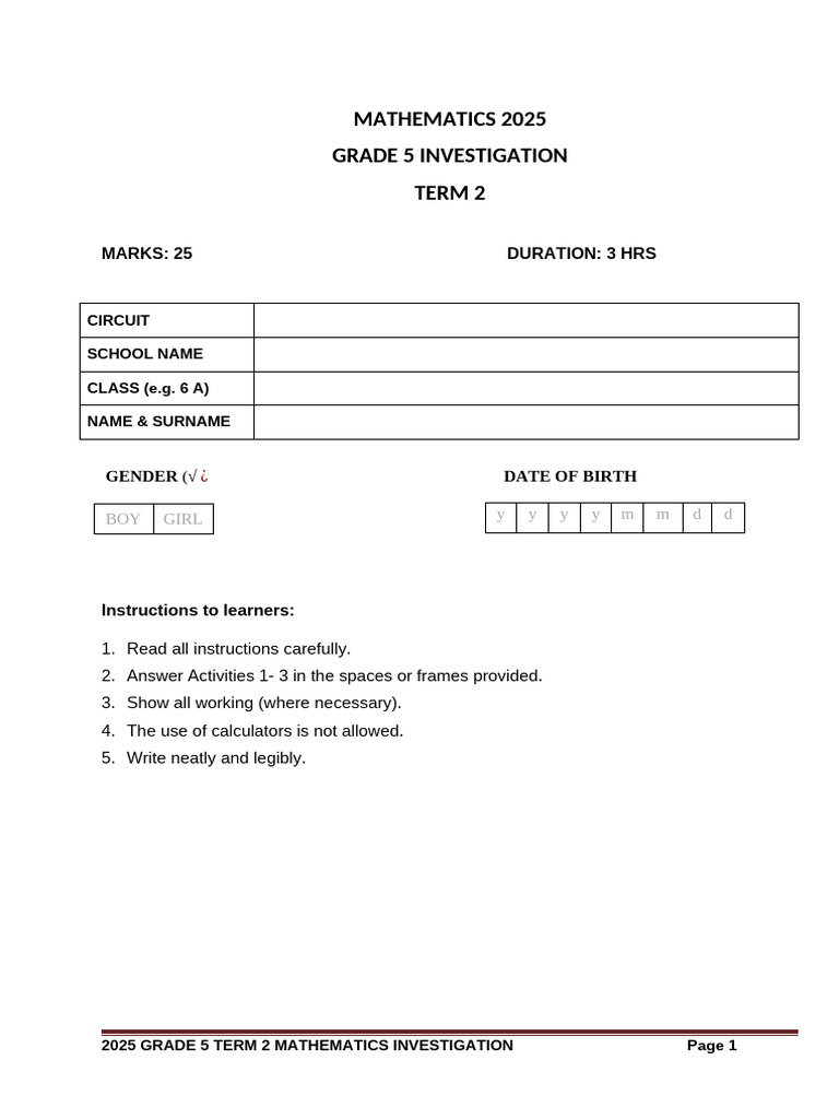 Grade 5 Mathematics Investigation Term 2 2025 - 015754 | PDF | Mathematics