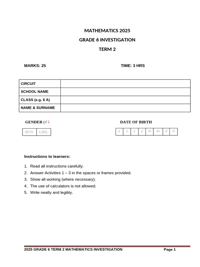 Grade 6 Term 2 Math Investigation 2025 | PDF
