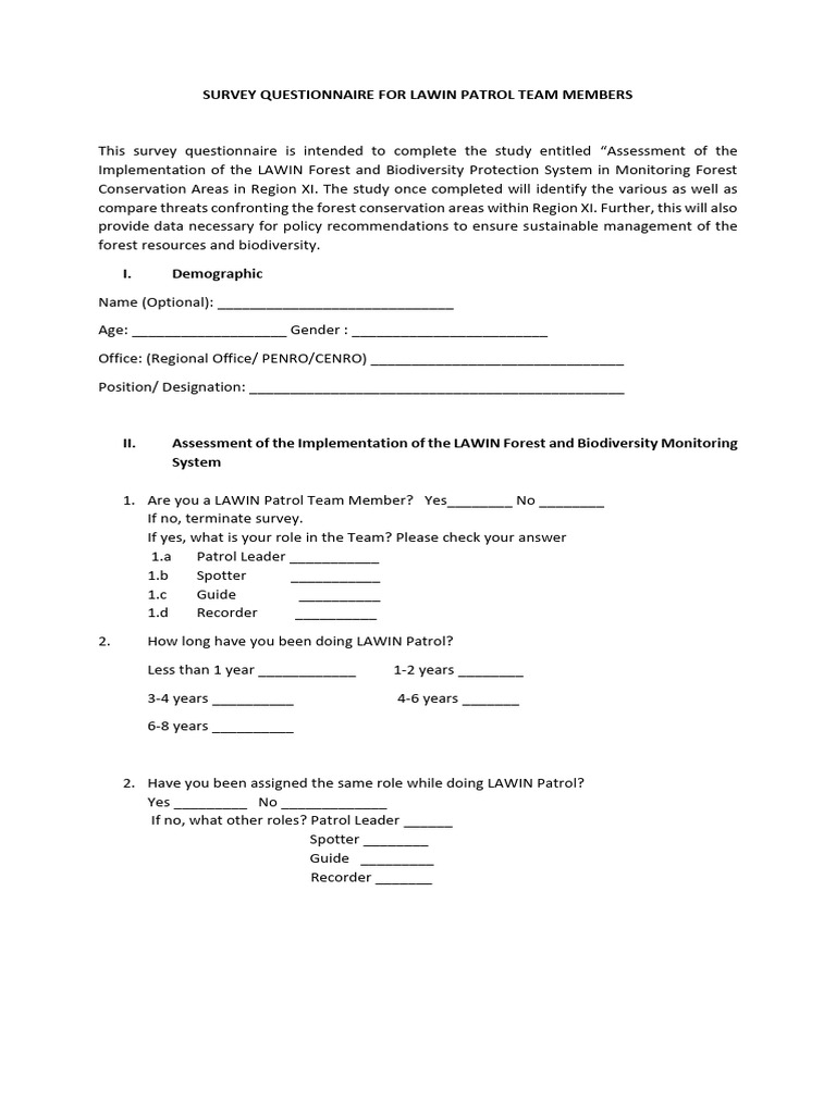 Survey Questionnaire For Lawin Patrol Team Members | PDF