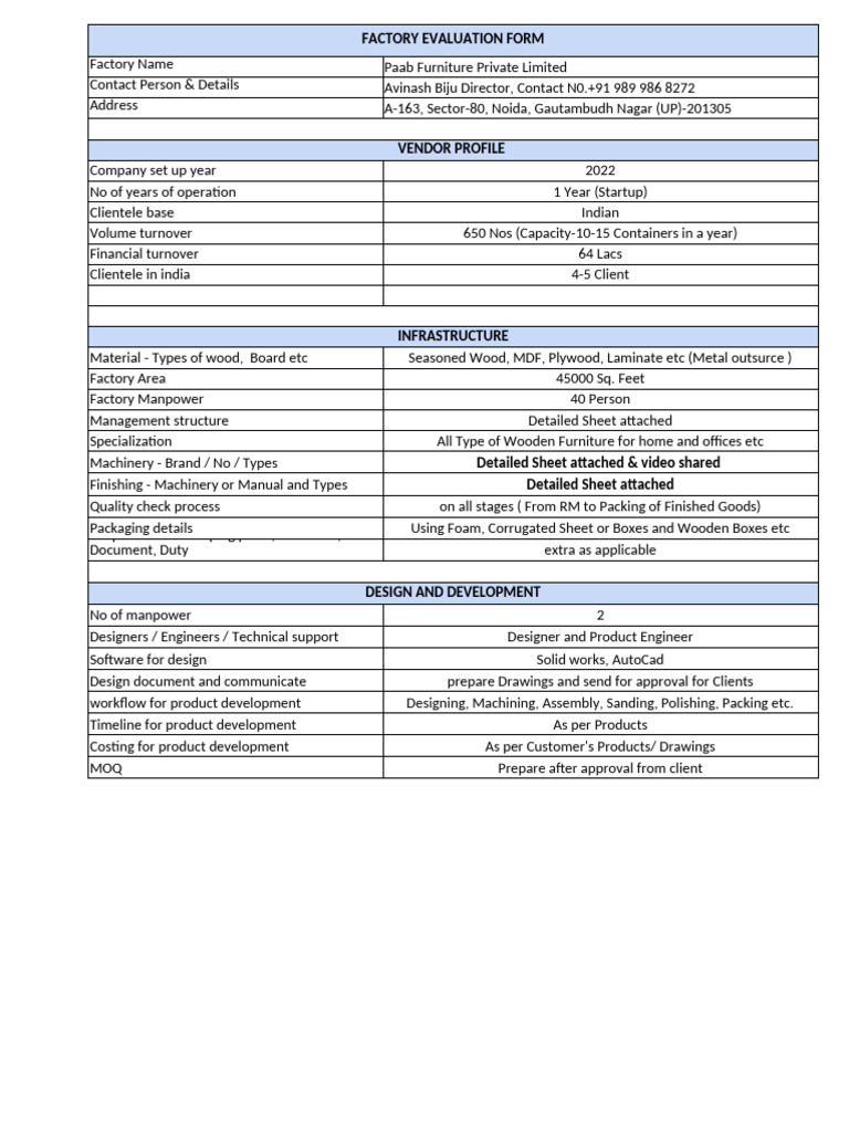 Factory Evaluation Form | PDF | Upholstery | Secondary Sector Of The ...