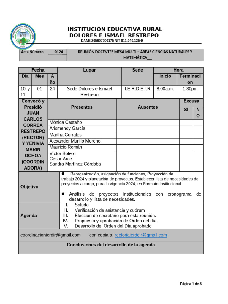 Acta #01 MESA CIEN - MAT. 10 2024 enero | PDF | Entorno natural