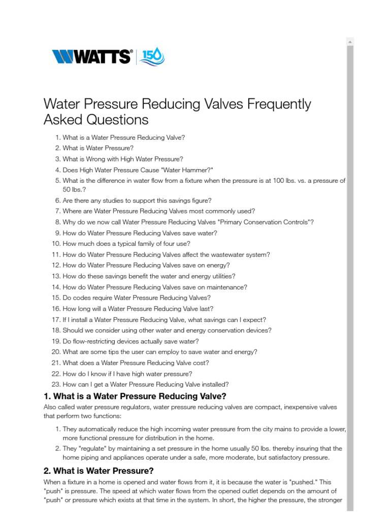 Frequently Asked Questions - Water Pressure Reducing Valves - Watts ...
