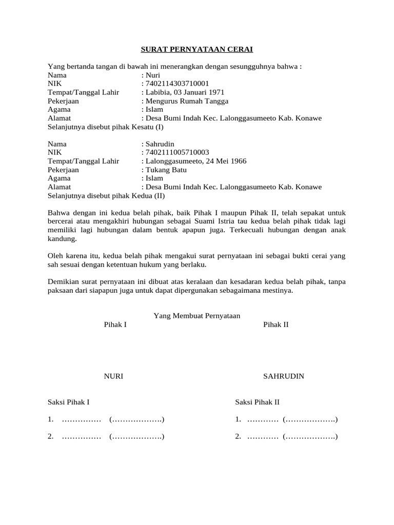 SURAT PERNYATAAN CERAI | PDF