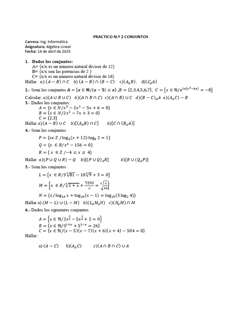 Practico2 Conjuntos | PDF | Matemáticas | Conceptos matemáticos