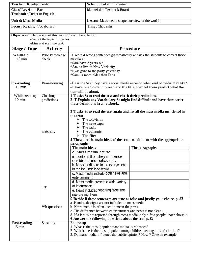 Lesson Plan-Mass Media Shape Our View of The World | PDF | Mass Media ...