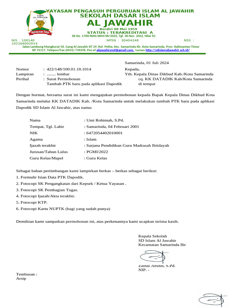 Surat Permohonan Tambah PTK Dapodik SD | PDF