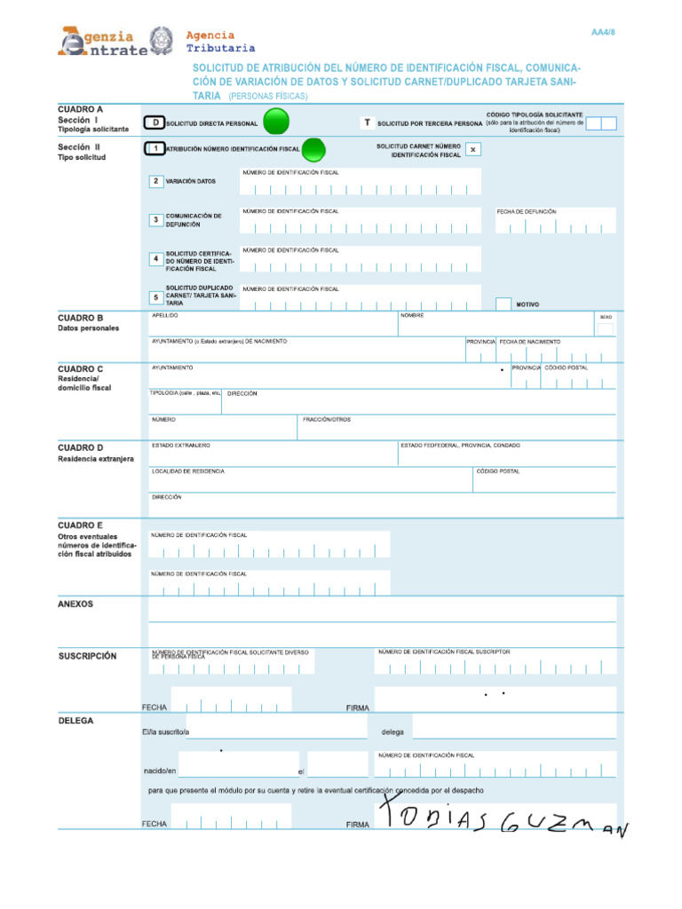 Solicitud de Codice Fiscale Espanol | PDF