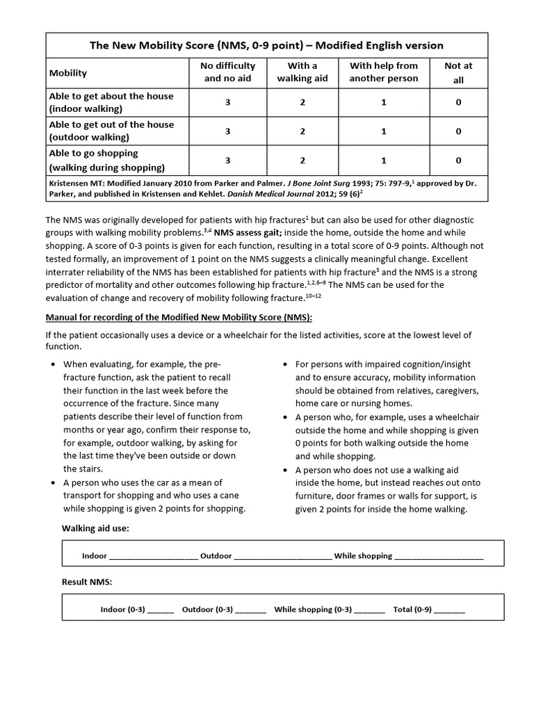 The New Mobility Score (NMS, 0-9 Point) Modified English Version | PDF ...