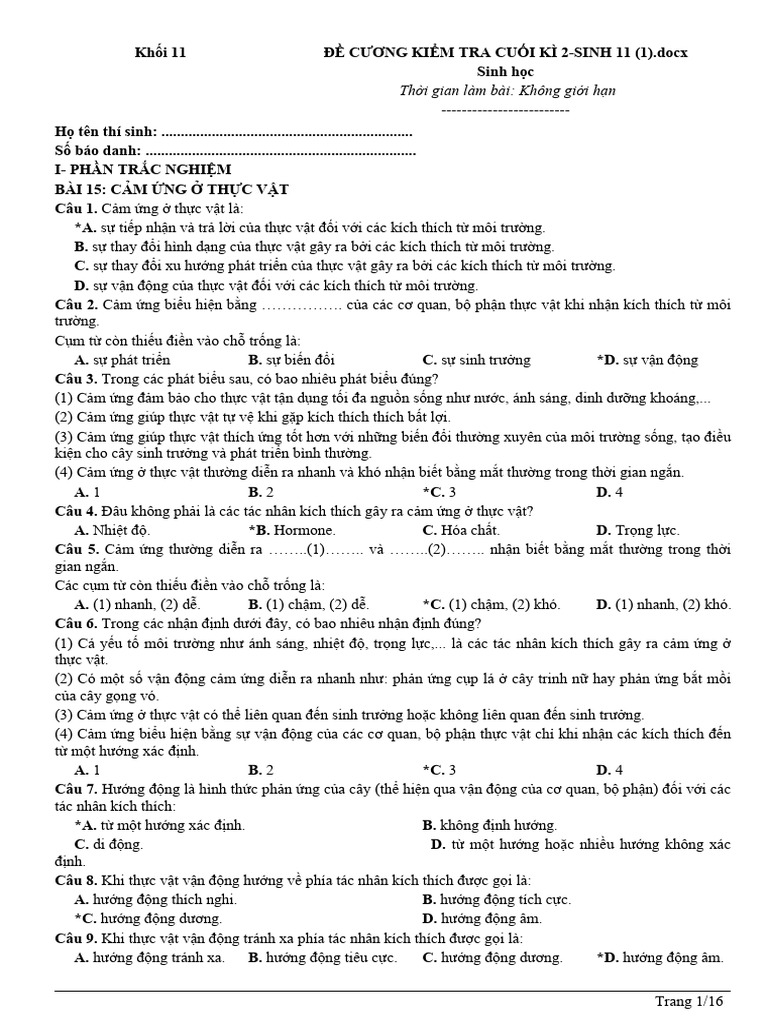 DE CUONG KIEM TRA CUOI KI 2-SINH 11 (1) .Docx | PDF