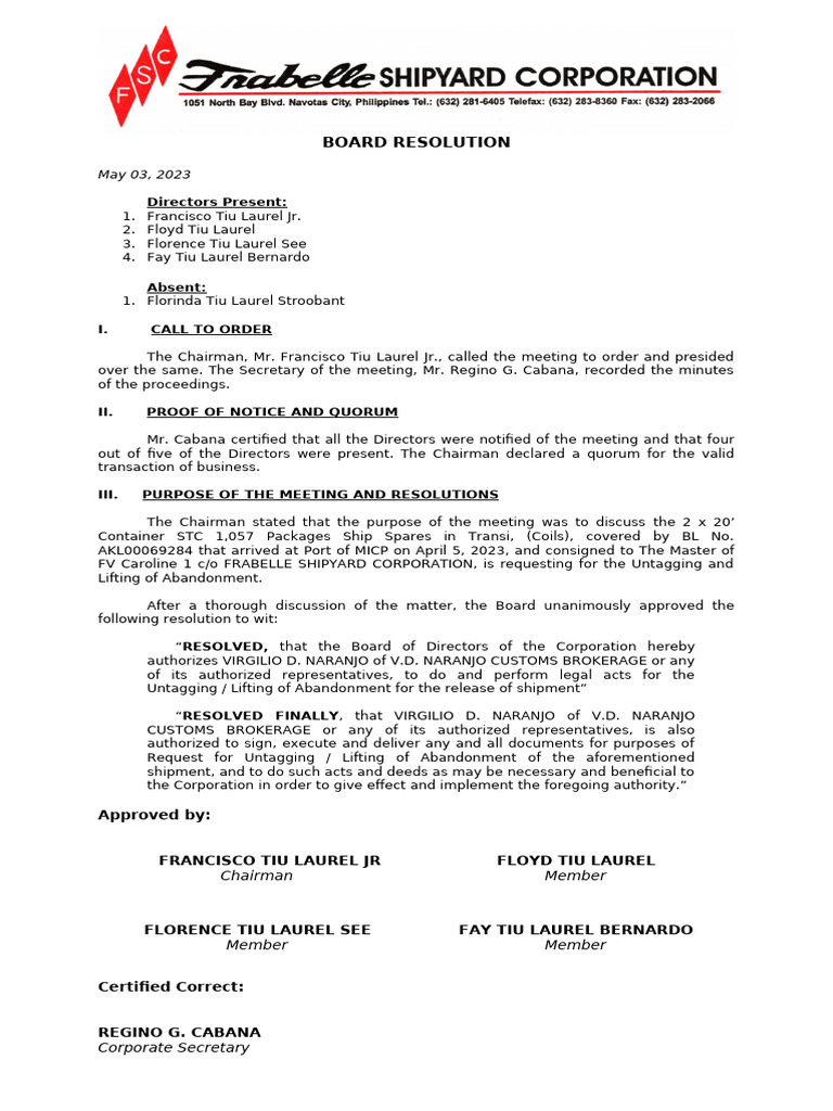 Frabelle Standard Board Resolution and Secretary's Certificate | PDF ...