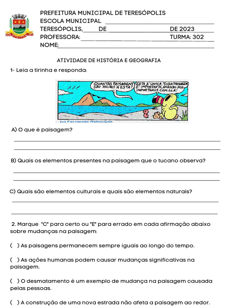 Atividades de História e Geografia 3º Ano | PDF | Tráfego | Paisagem