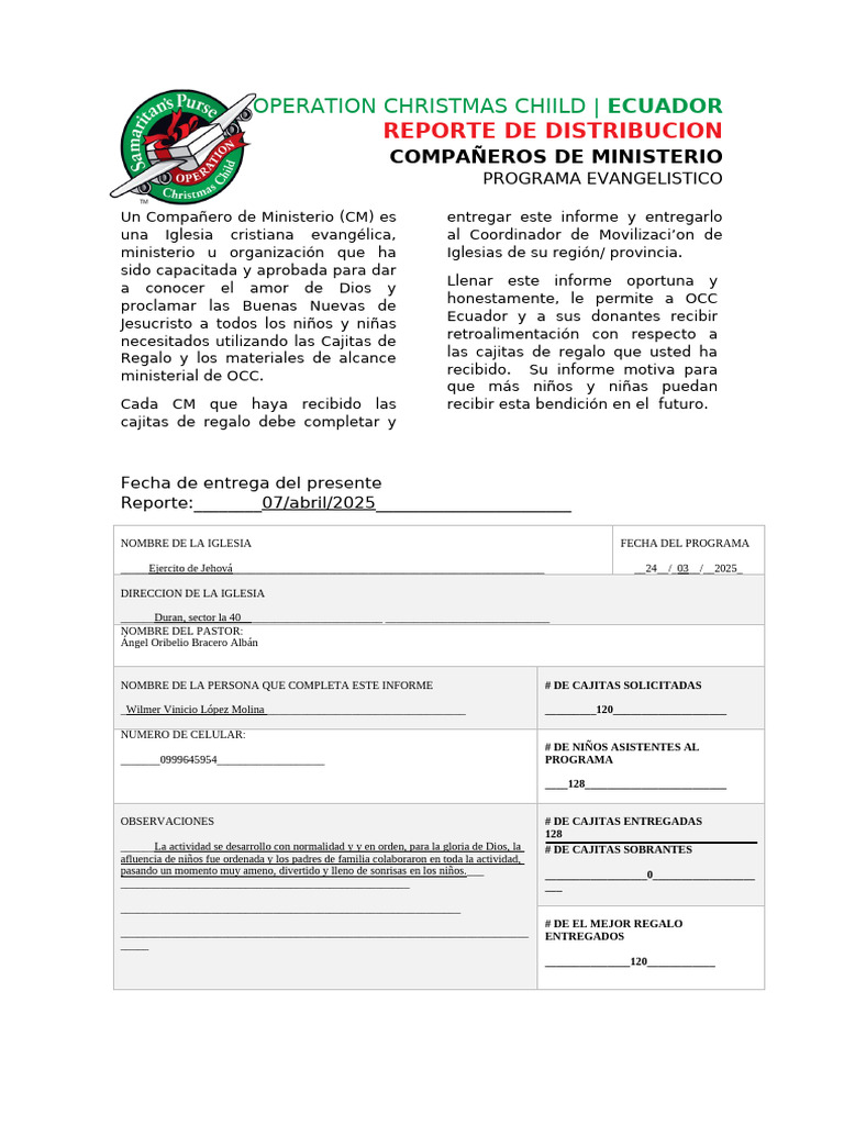 Reporte Post Distribucion Occ Ecuador 2024 2025 | PDF
