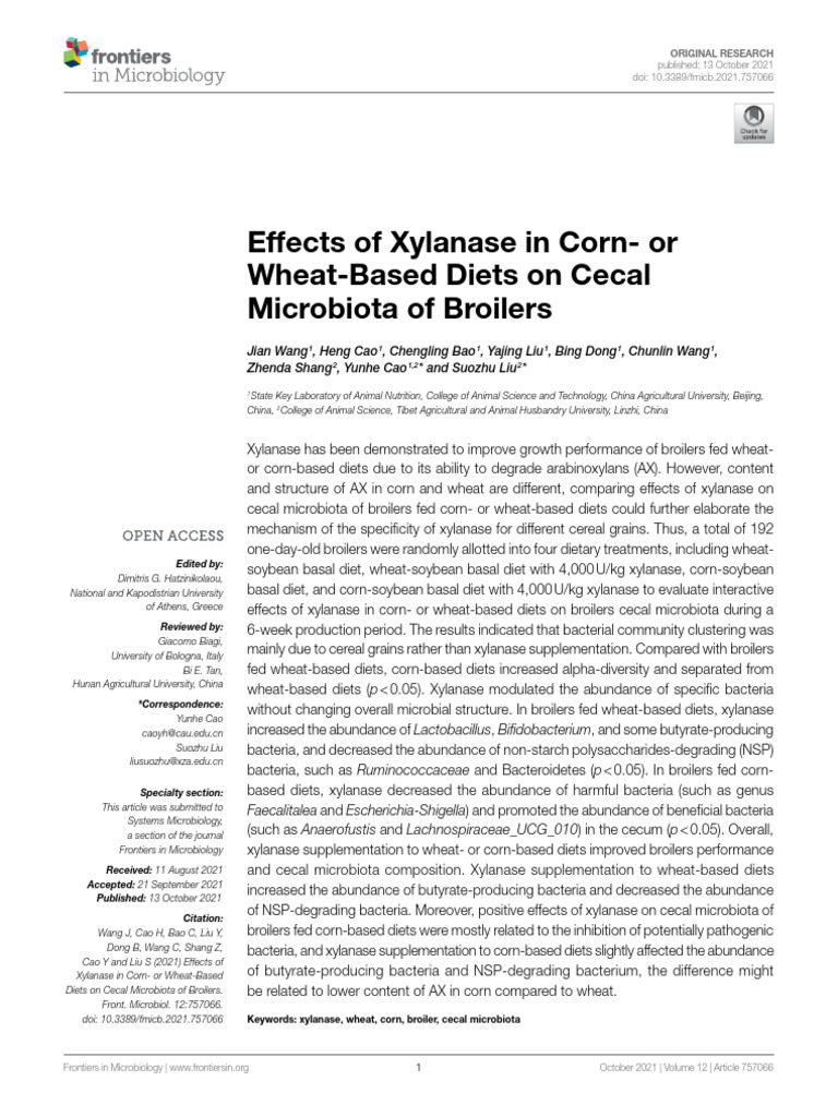 Effects of Xylanase in Corn - or Wheat-Based Diets | PDF