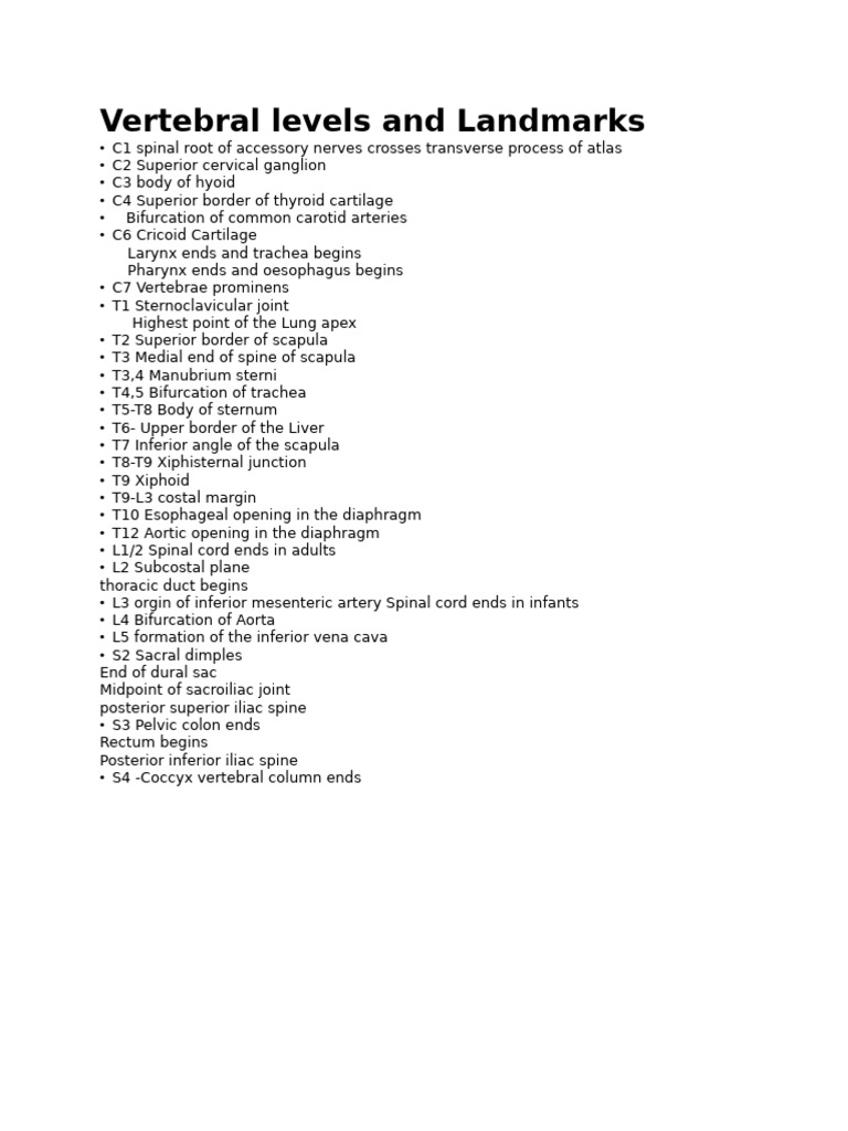 Vertebral Levels and Landmarks | PDF