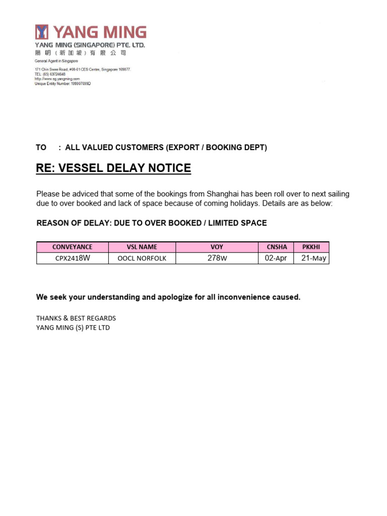Delay Notice Oocl Norfolk | PDF