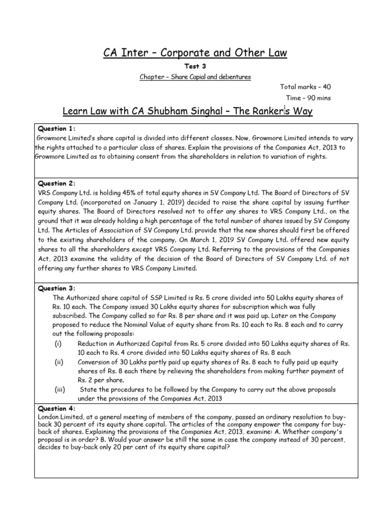 Test 2 - Share Capital and Debentures | PDF | Preferred Stock | Equity ...