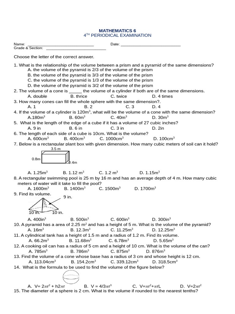 Grade 6 Fourth Periodical Test MATHEMATICS | PDF | Volume | Odds