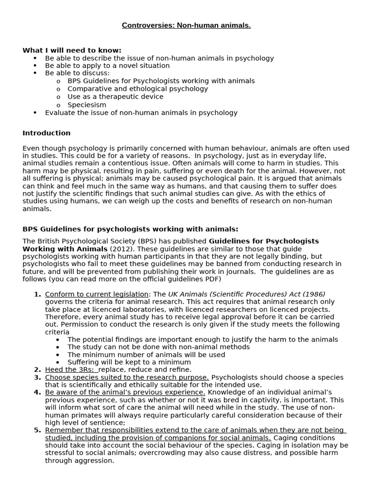 Non Human Animals Study Handout | PDF | Animal Testing | Psychology