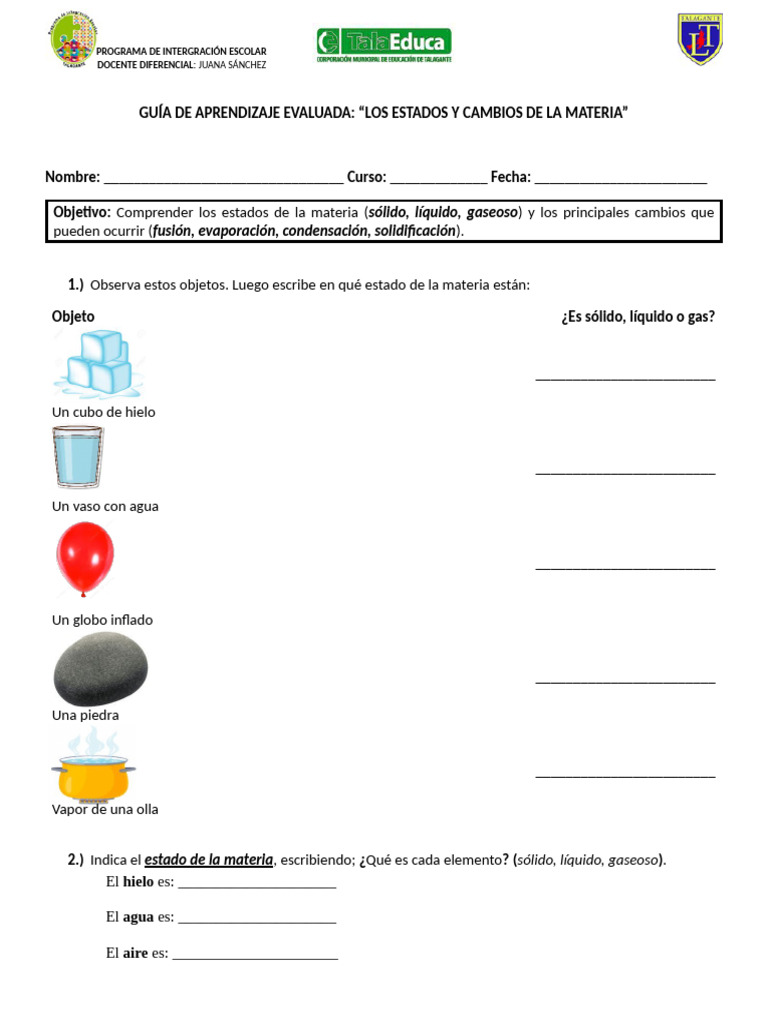 Guía de Aprendizaje Evaluada 1° Unidad CN | PDF | Líquidos | Vapor