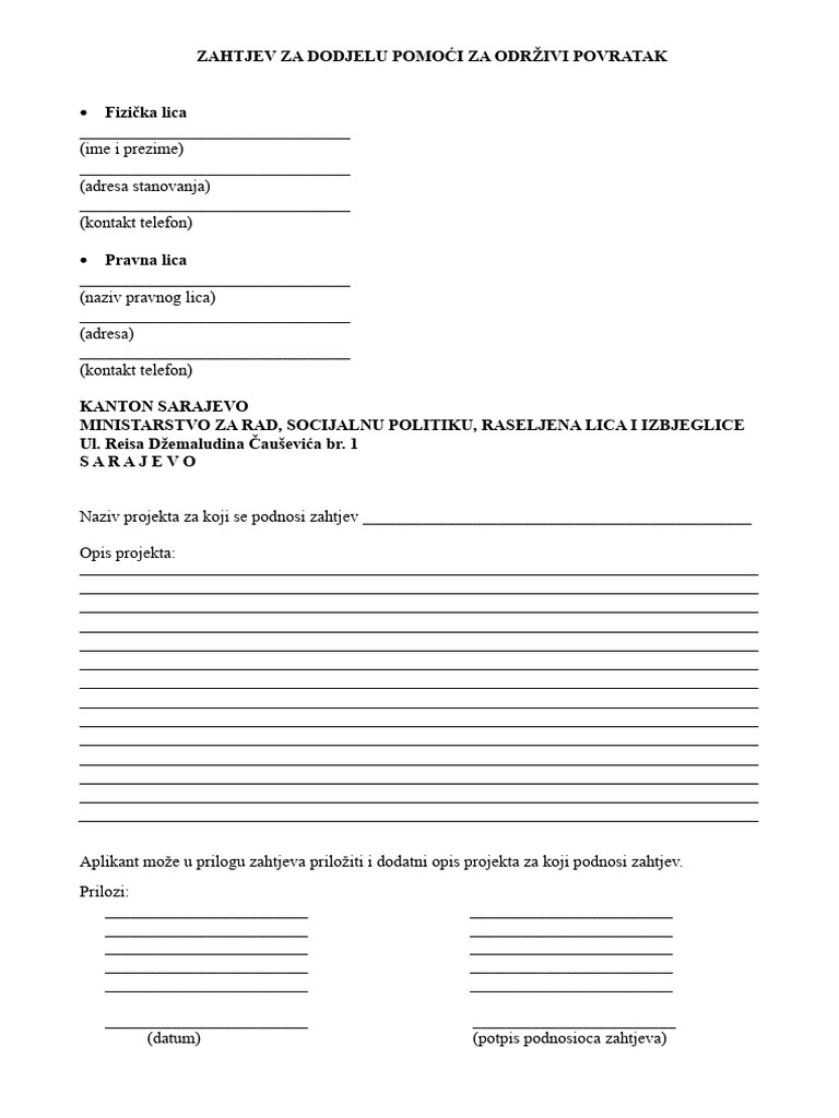 Zahtjev Za Ostvarivanje Pomoci Odrzivi Povratak KOTOR | PDF