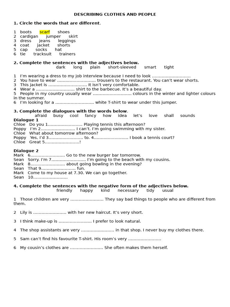 Describing Clothes Worksheet PDF | PDF