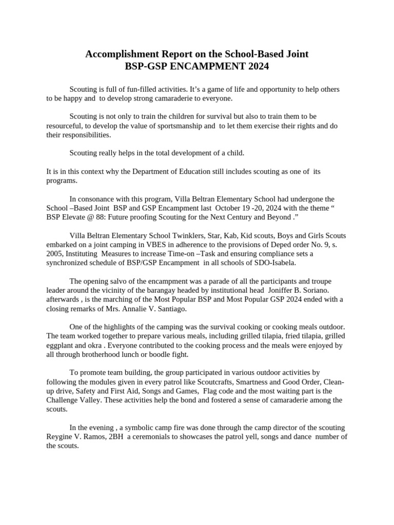 Accomplishement Report BSP-GSP Encampment 2024 | PDF