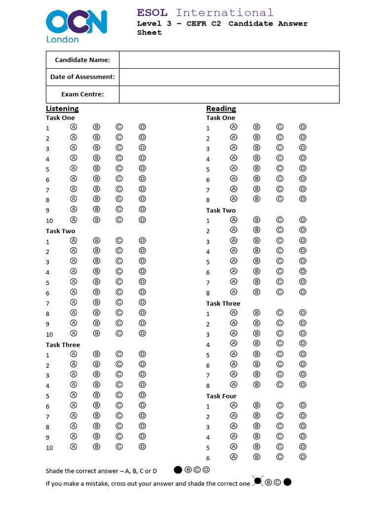 ESOL Level 3 Candidate Answer Sheet | PDF