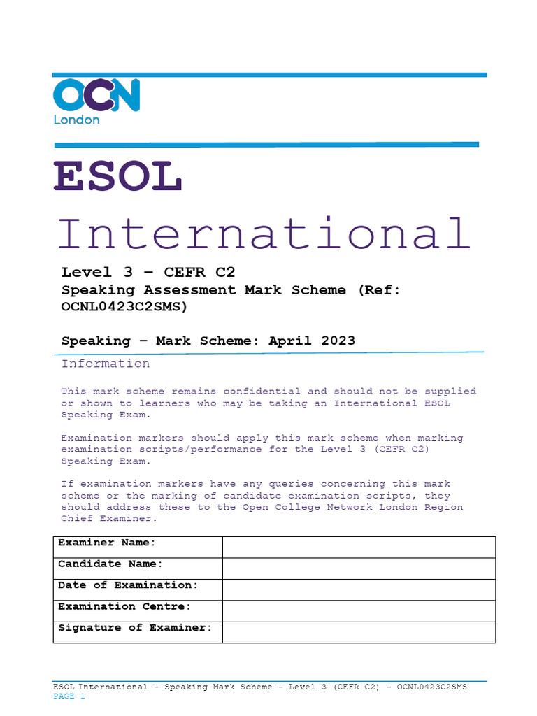 ESOL C2 Speaking Exam Mark Scheme | PDF | Accuracy And Precision ...