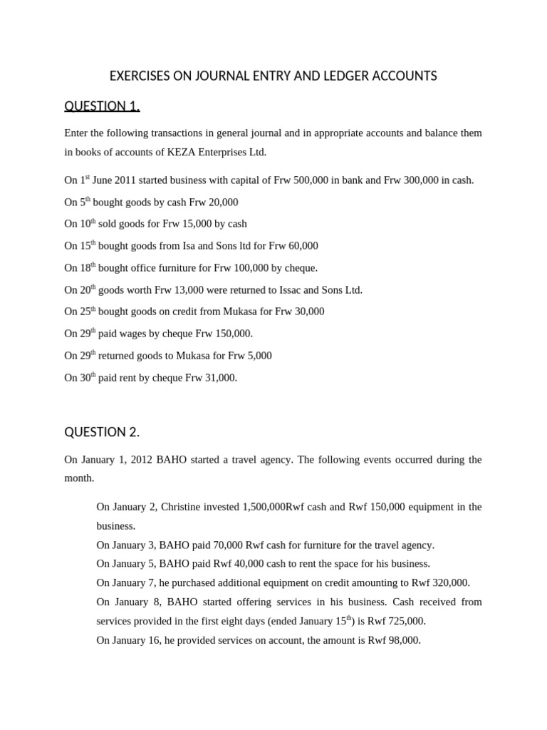 Exercises On Journal Entry and Ledger Accounts | PDF | Debits And ...