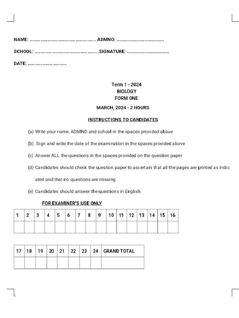 Form 1 Biology - Biology - Question Paper - Phoenix | PDF
