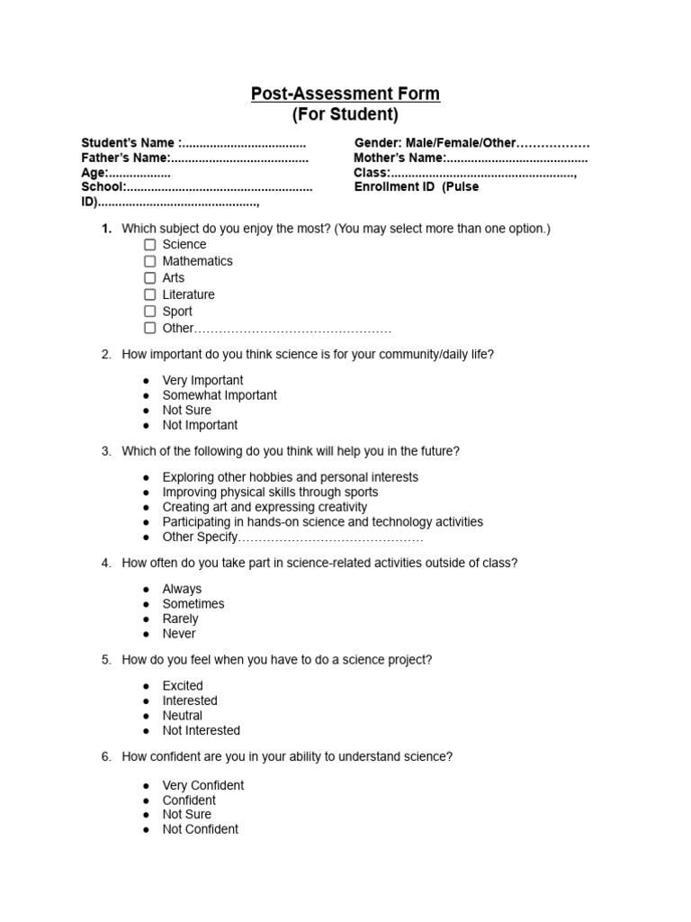 For Student (Post-Assessment Form) - 1 | PDF