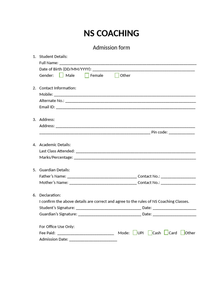 NS Coaching Admission Form | PDF