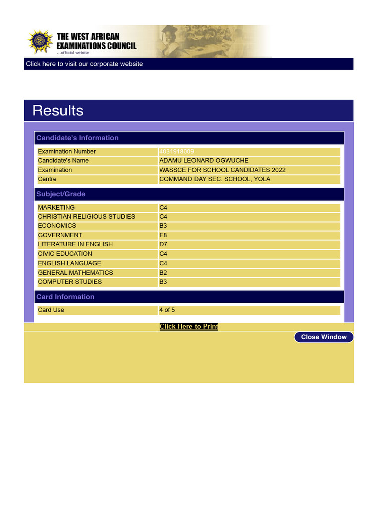 Waecdirect Online - Results | PDF