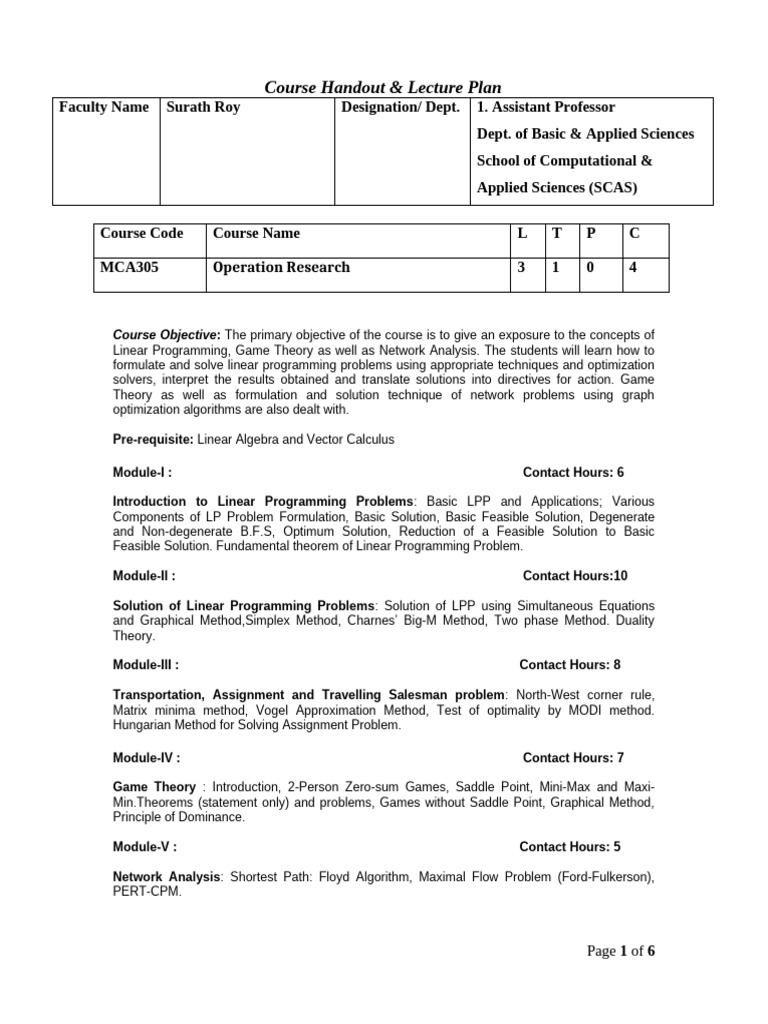 MCA305 CourseHandout&LecturePlan 1 | PDF | Linear Programming | Mathematical Optimization