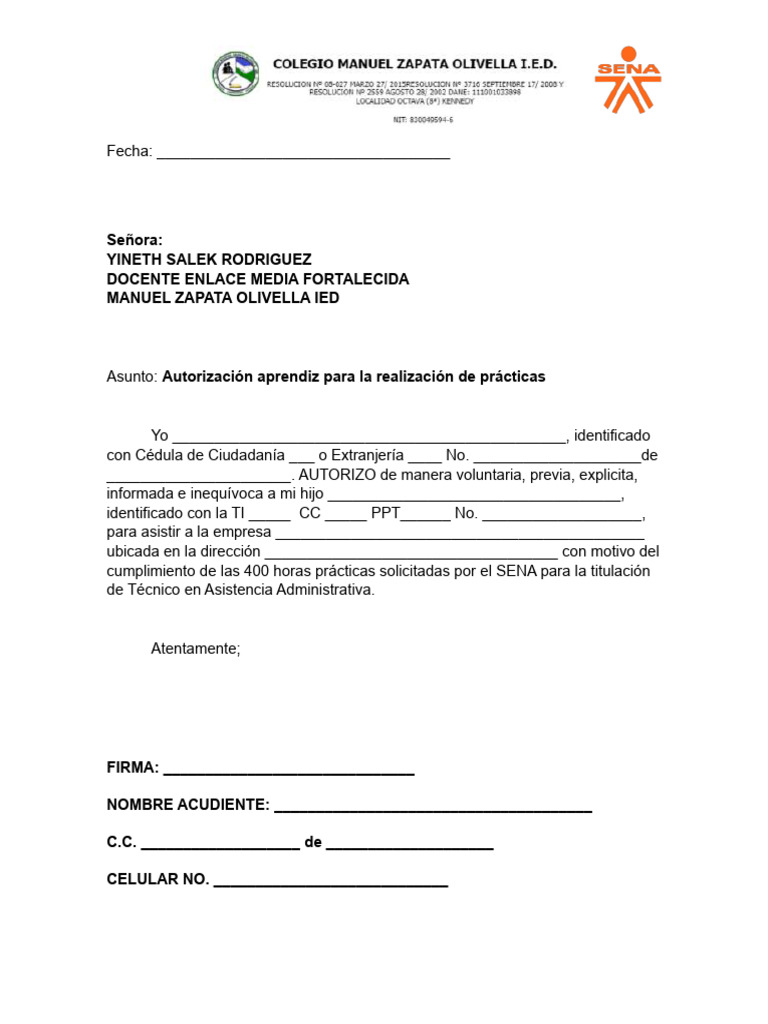carta autorizacion acudiente-practicas (3) | PDF