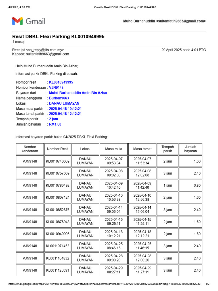 Gmail - Resit DBKL Flexi Parking KL0010949995 | PDF