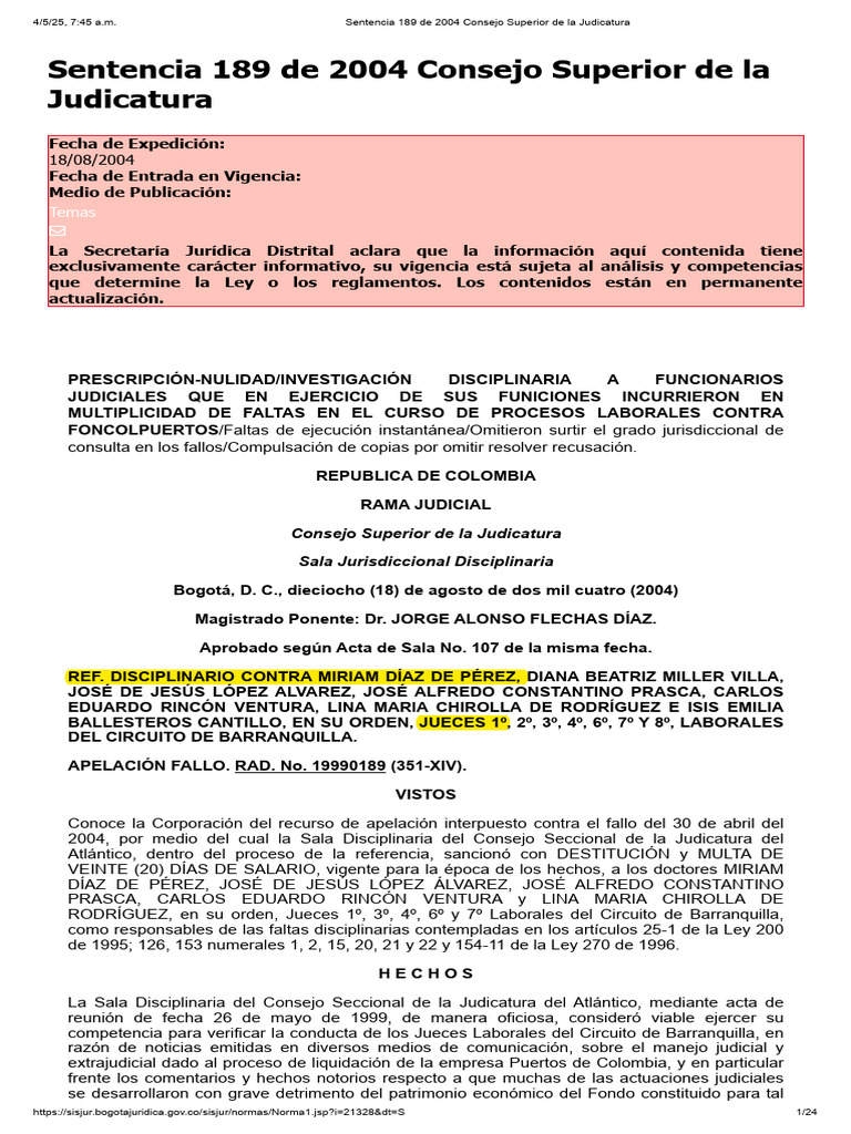 Sentencia 189 de 2004 CSJ Juez 1 Laboral MIRYAN DIAZ DE PEREZ | PDF | Sociedad de ...
