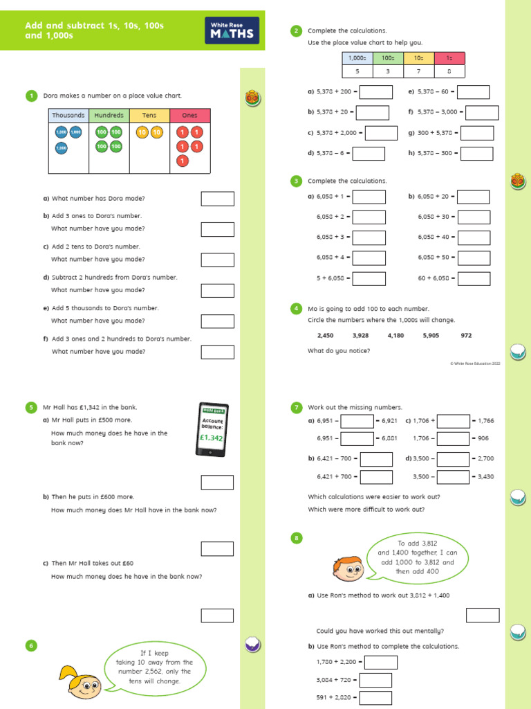 Worksheet write on print Y4 Autumn Block 2 WO1 Add and subtract 1s 10s ...