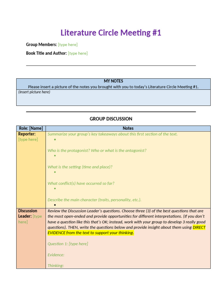 Lit Circle 1 Group Notes | PDF