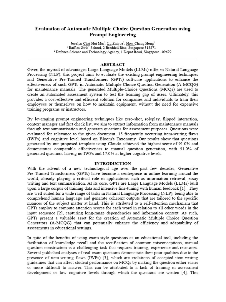 Evaluation of Automatic Multiple Choice Question Generation Using Prompt Engineering | PDF ...